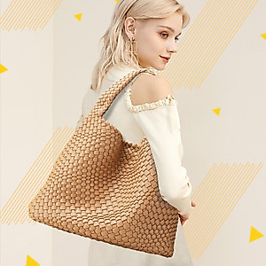 Woven Bag Vegan Leather Hobo handbags for Women, Top-handle Shoulder Tote Braided Bag Underarm Purse (Apricot-A)