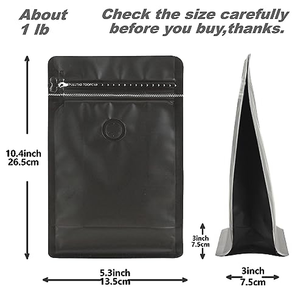 BAAGGNAA 60 Pack High Barrier Stand-Up Coffee Bean Bags with Vented Valve, Matte Metallic Ziplock, Heat-Sealable and Resealable Solid Color Pouches for Food Storage (5.3 * 10.4 inch,1 lb,Black)