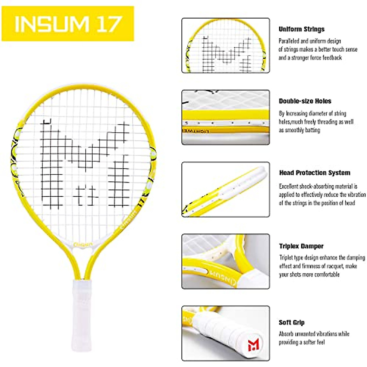insum 17'' Junior Tennis Racket for Aged 2-3 Y with Strap Bag Kids Tennis Racquet (17inch-Yellow)