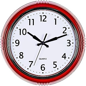 Bernhard Products Retro Wall Clock 9.5 Inch Red Kitchen 50's Vintage Design Round Silent Non Ticking Battery Operated Quality Quartz Clock
