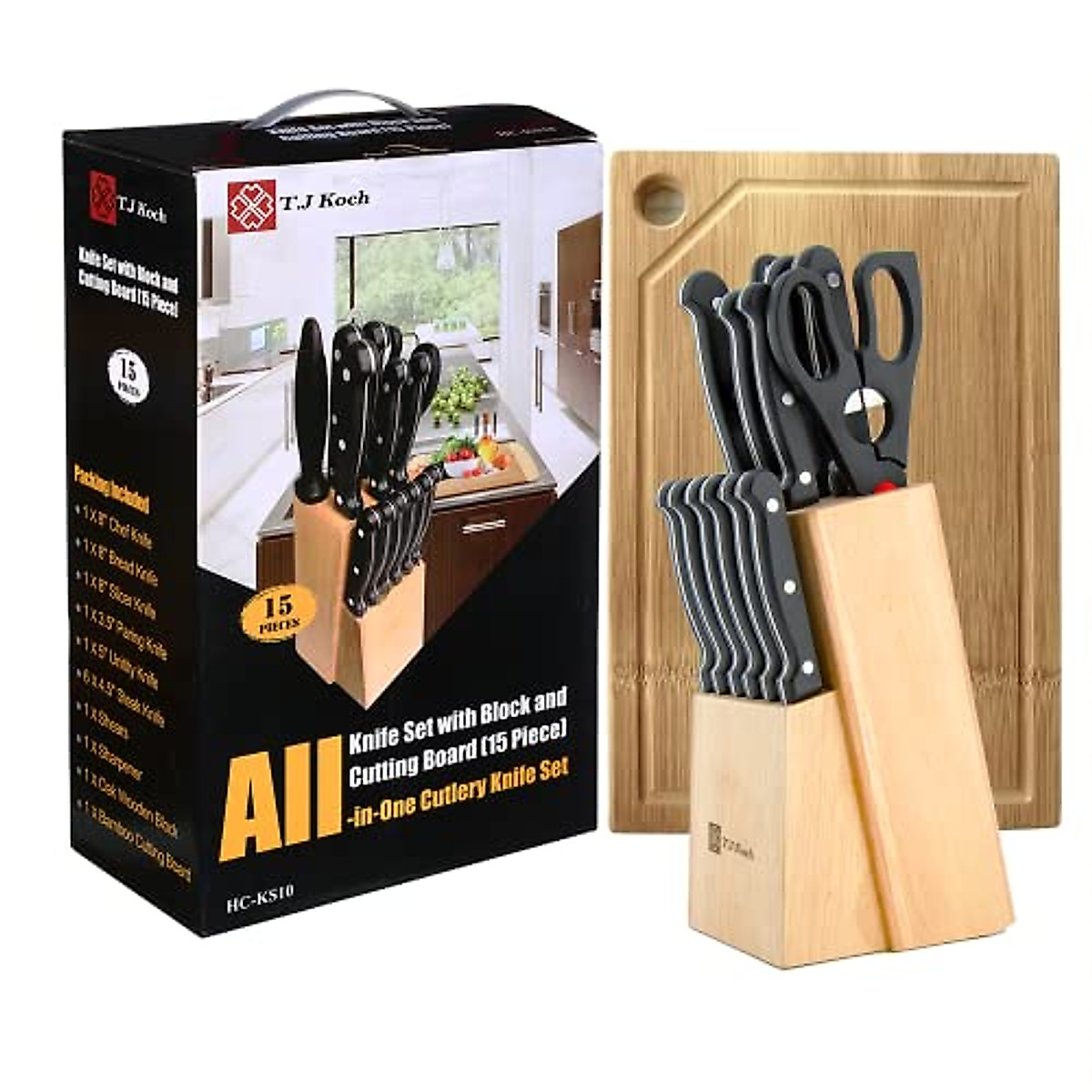 T.J Koch Knife Set 15 Pcs with Block Cutting Board Kitchen Knives Set 8" Chef Slicing Bread 5" Utility 3½" Paring 4½" Steak Knives x 6 Sharpener Steel