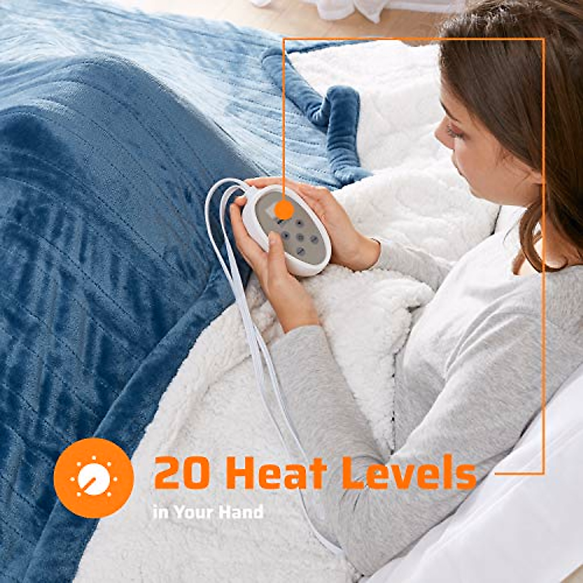 Soft Sherpa Heated Electric Blanket Twin XL Size, | Controller with 1-10 Hour Auto Shut Off | 20 Heat Settings | Washable, 64" x 86" Blue