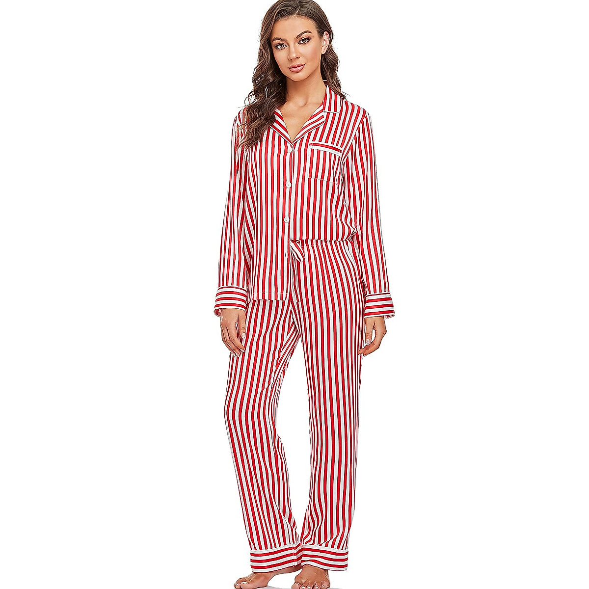 Serenedelicacy Women's Satin Pajama Set Long Sleeve Button Down Sleepwear 2-Piece Striped Silky Pj Set (Medium, Red, Striped)
