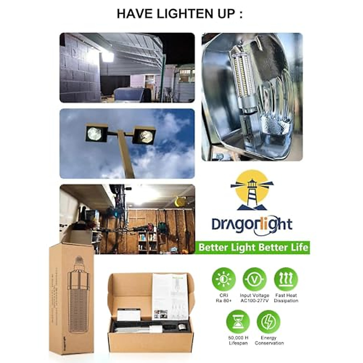 DragonLight 120W Commercial Grade Corn LED Light Bulb(400 Watt Metal Halide/HID/HPS Replacement) E26/E39 Large Mogul Base LED Lamp 5000K Daylight 14,400LM for High Bay Area Lighting