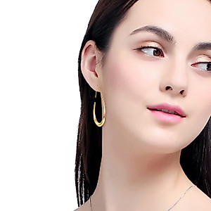 Lightweight Teardrop Hoop Earrings for Women - 14k Gold/White Gold Plated Large Oval Pull Through Hoop Earrings High Polished Statement Jewelry Gift for Women Teen Girls