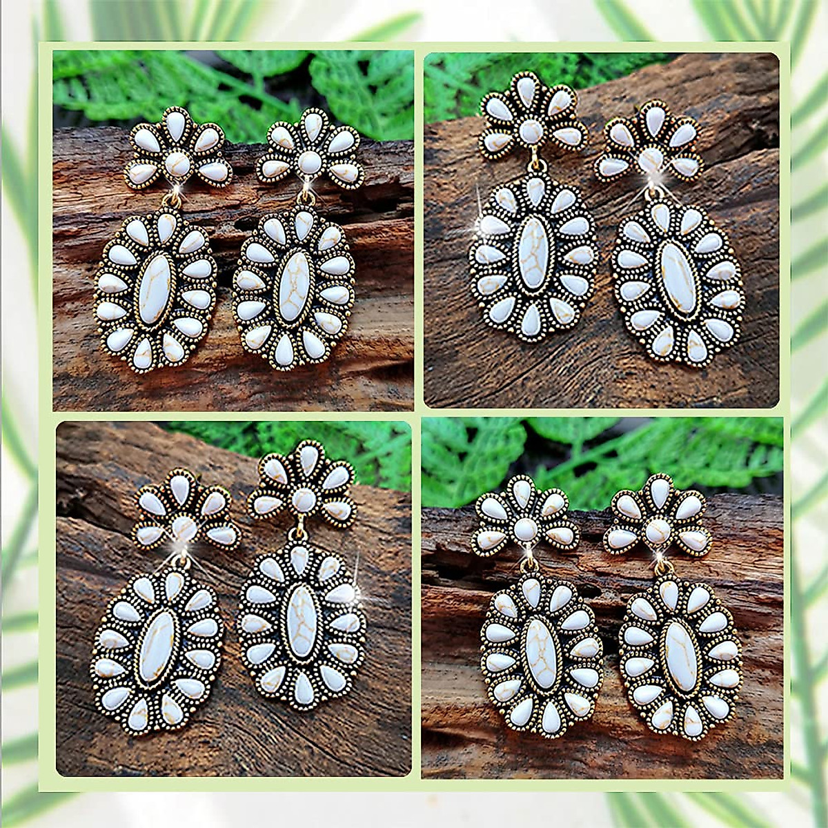 Vintage Boho Statement Drop Earrings Oval Imitate Turquoise Ethnic Charms Flower Dangle Earring for Women Jewelry Gift (white)