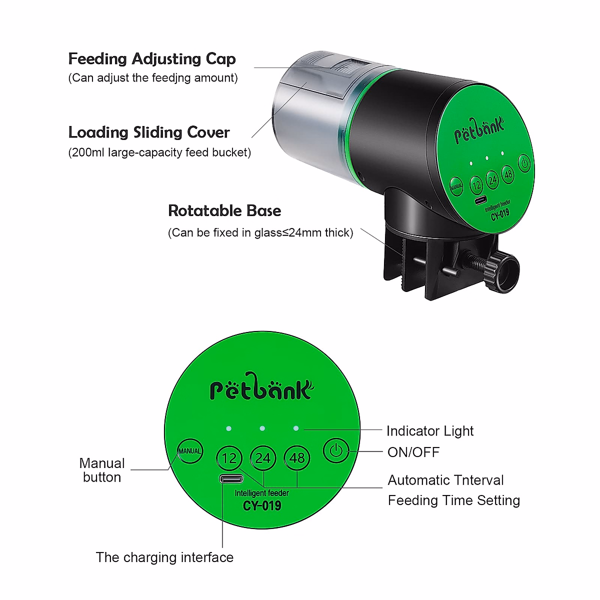 Petbank Automatic Fish Feeder for Aquarium - Auto Fish Food Dispenser Rechargeable for Small Large Tank with USB Charger Cable，12/24/48H Interval Esay Set Up (Green, CY-019)