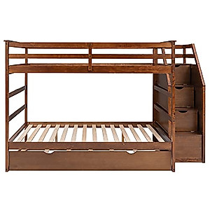ODC Full Over Full Bunk Bed with Trundle,Solid Wood Stairway Bunk Bed with Twin Size Trundle and 3 Storage Stairs, Full Length Guardrail for Guests Room,Bedroom