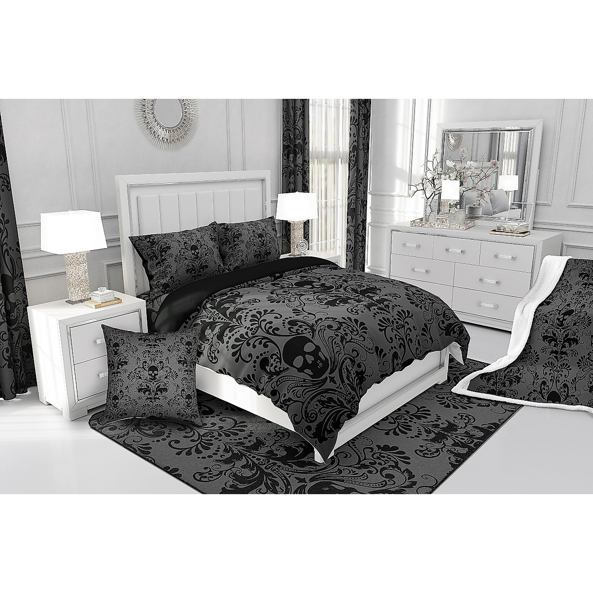 Adults Black Damask Bedding Set Antique Victorian Baroque Duvet Cover Queen Size Gothic Vintage Floral Comforter Cover Exotic Sugar Skull Quilt Cover Queen,Gothic Bone Skeleton Bohemian Decor,Grey
