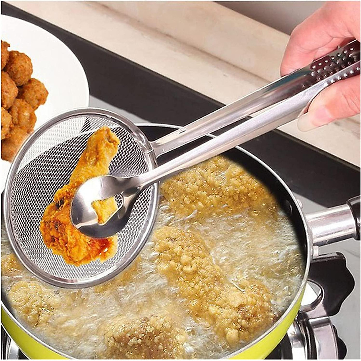 2 in 1 Stainless Steel Fine Mesh Strainer With Clip Tongs Oil Filter Spoon Multi-functional Reusable BBQ Filter Clamp Strainer Kitchen Tools for Oil-frying Food