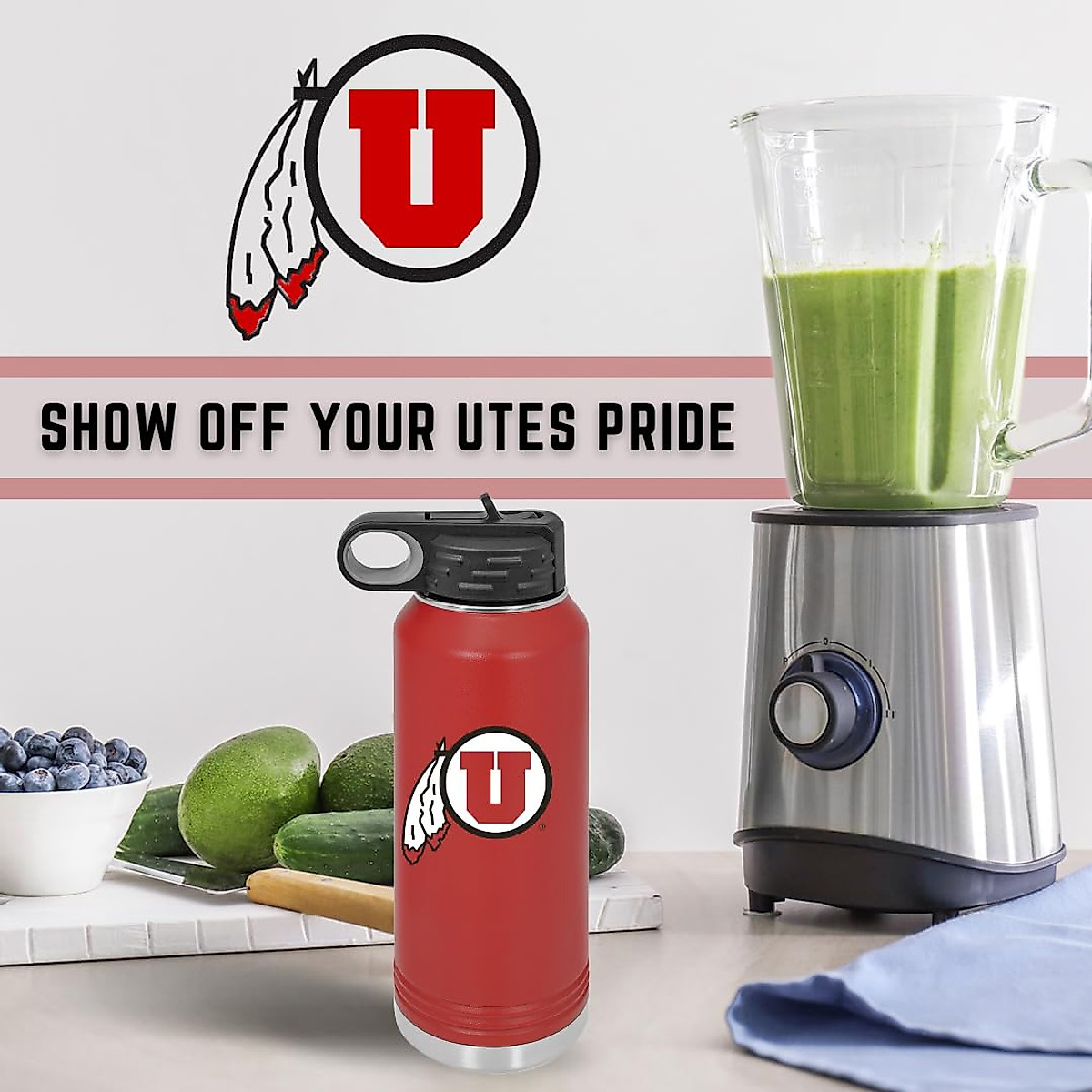 Game Day Outfitters Utah 32oz Stainless Steel Double Walled Red Beverage Bottle with Flip Straw Spout - College Gear for Playoff Season – For Office, Home or Auto – Show your Utes Pride