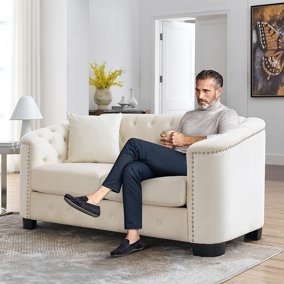 JEEOHEY Sofa,Chesterfield Sofa,Velvet Sofa Couch,Oversized Loveseat Sofa,2 Seater Sofa Chair with Button Nailhead,Upholstered Deep Seat Sofa,Futon Couches for Living Room,Bedroom,Office(Beige