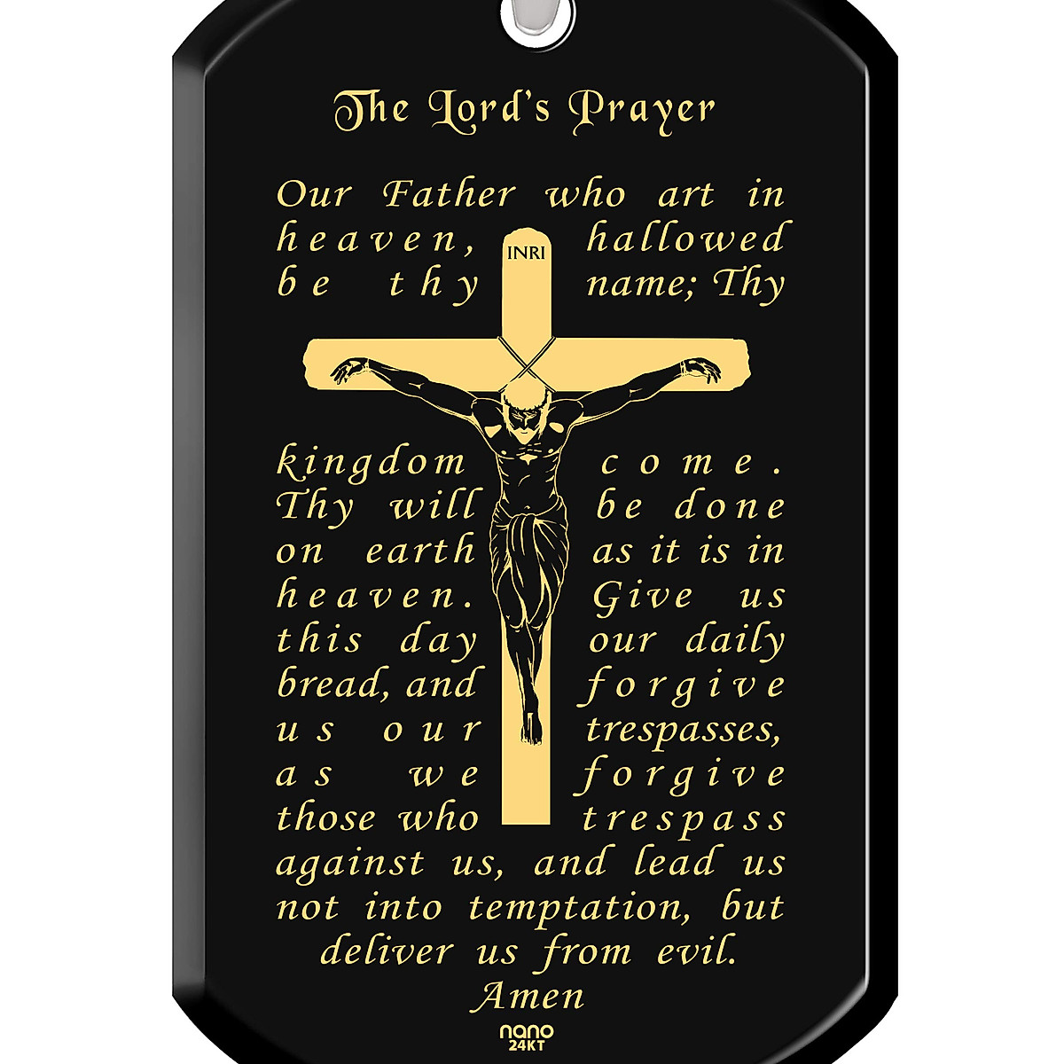 Lord's Prayer Crucifix Cross Necklace Onyx Dog Tag Pendant 24k Gold Inscribed, 20" 925 Sterling Silver