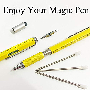 RENXING 6 in 1 Screwdriver Tech Tool Pen | Multitool Ballpoint Pens 0.7mm Ink | with 4 Refills | Touchscreen Stylus | cm inch Ruler and Levelgauge | Pocket Gadget Kit for Men Women Girls Boys, Yellow