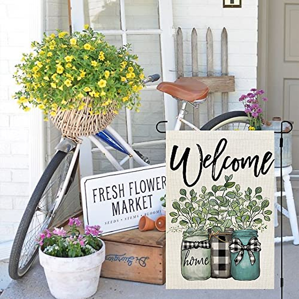 CROWNED BEAUTY Welcome Garden Flag Floral Mason Jar 12x18 Inch Double Sided for Outside Small Buffalo Plaid Burlap Yard Flag CF789-12