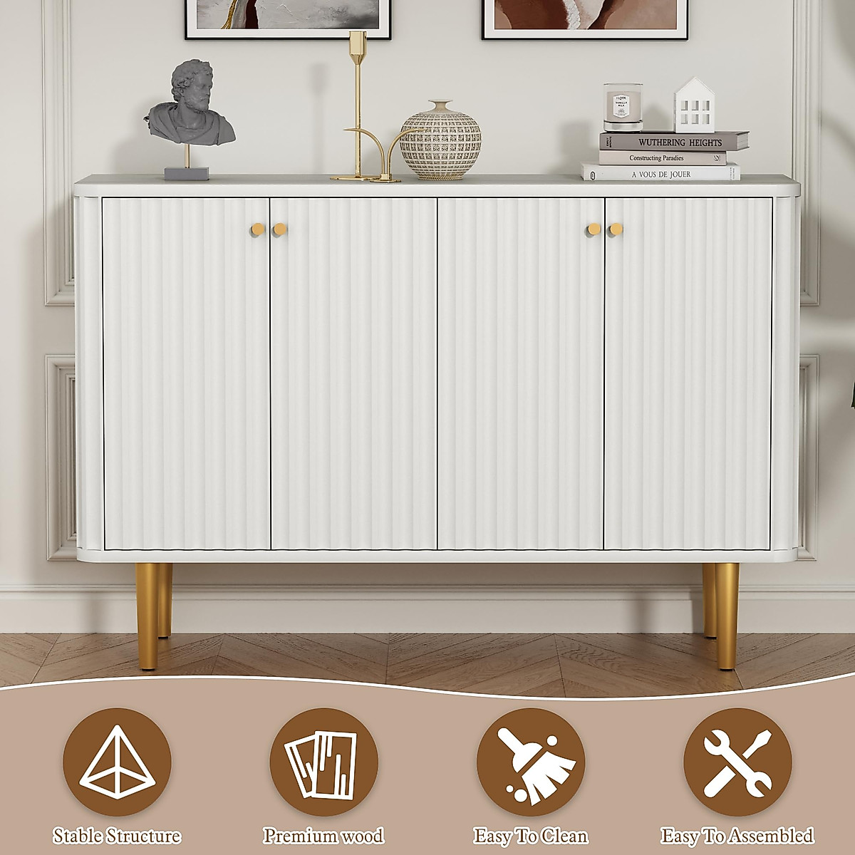 HLR Sideboard Buffet Cabinet, 48" Modern Accent Cabinet with 4 Door and Removable Shelves, Credenza Entryway Cabinet with Storage for Living Room, Dinning Room, Ivory White