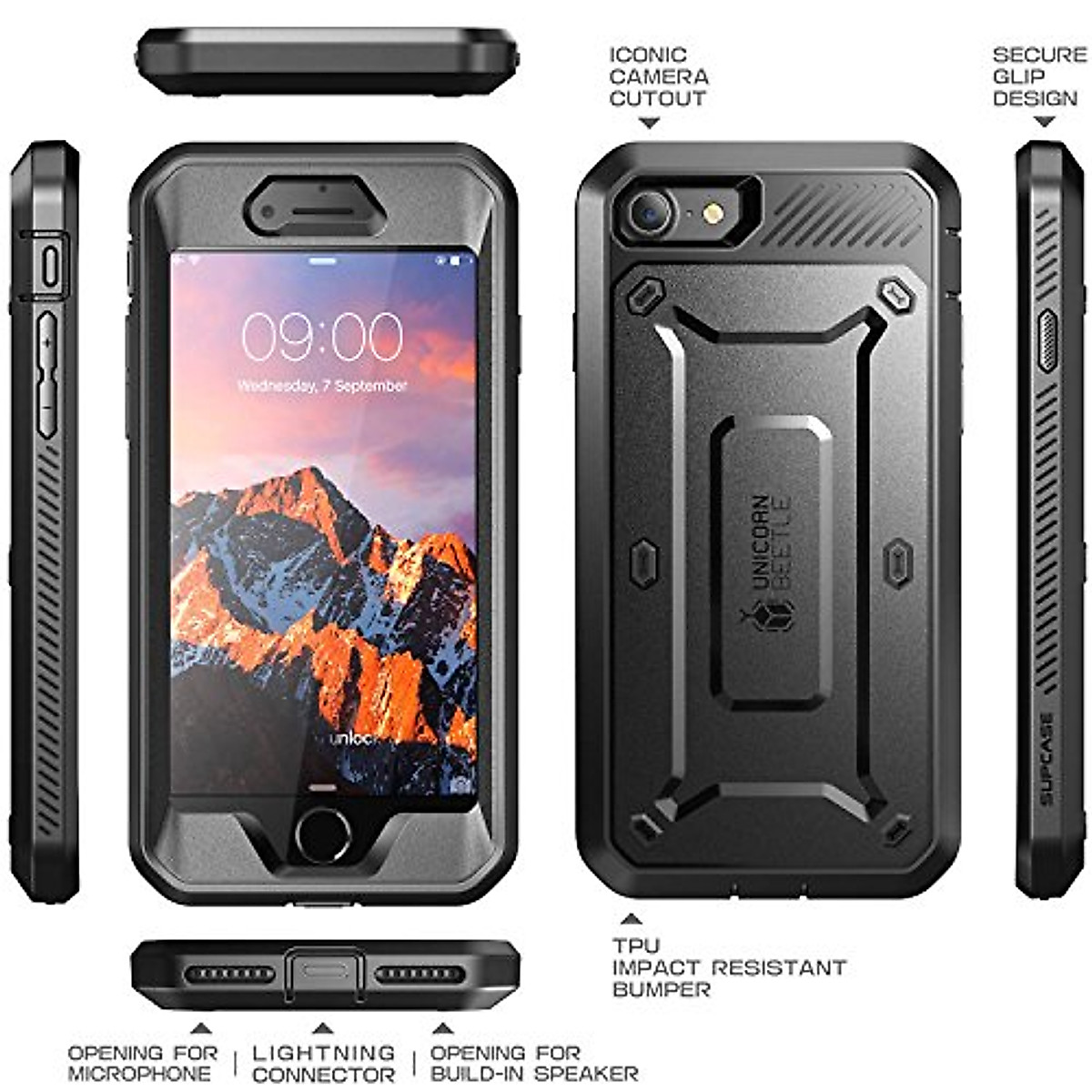 SUPCASE Unicorn Beetle Pro Series Case Designed for iPhone 7 / 8 / iPhone SE 2 (2020) / iPhone SE 3 (2022), Full-body Rugged Holster Case with Built-in Screen Protector (Black)