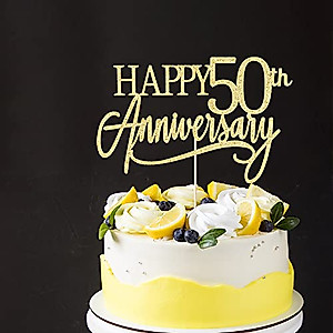 Happy 50th Anniversary Cake Topper,Gold Glitter 50th Birthday， 50Anniversary Party Decoration Supplies，Wedding Anniversary Party Decoration