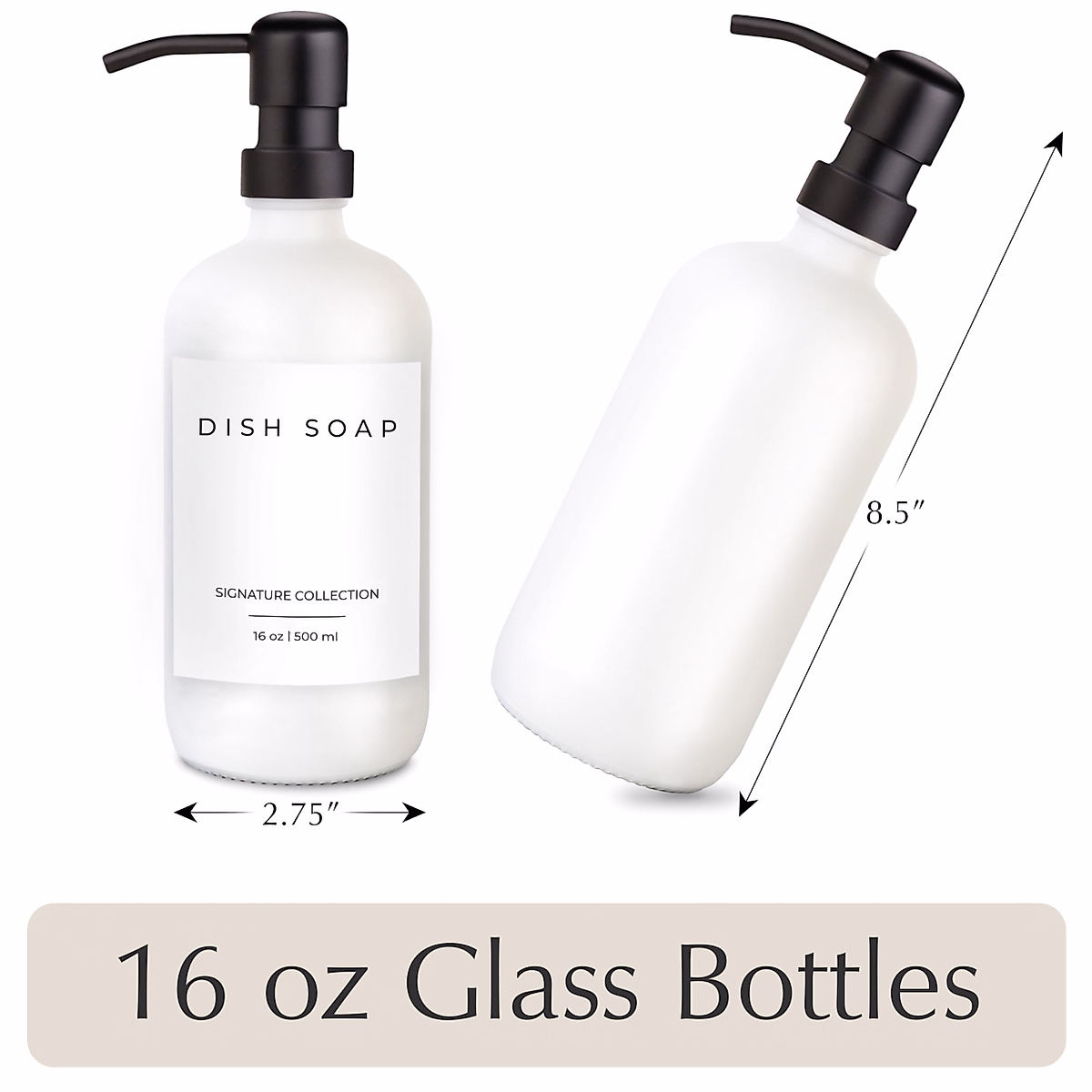 Emerson Soap Dispenser, Dish Soap Dispenser for Kitchen - Soap Dispenser Bathroom Set, Hand Soap Dispenser, Kitchen Soap Dispenser Set, Glass Soap Dispenser with Pump and Labels - 16 Oz | 2 Pack