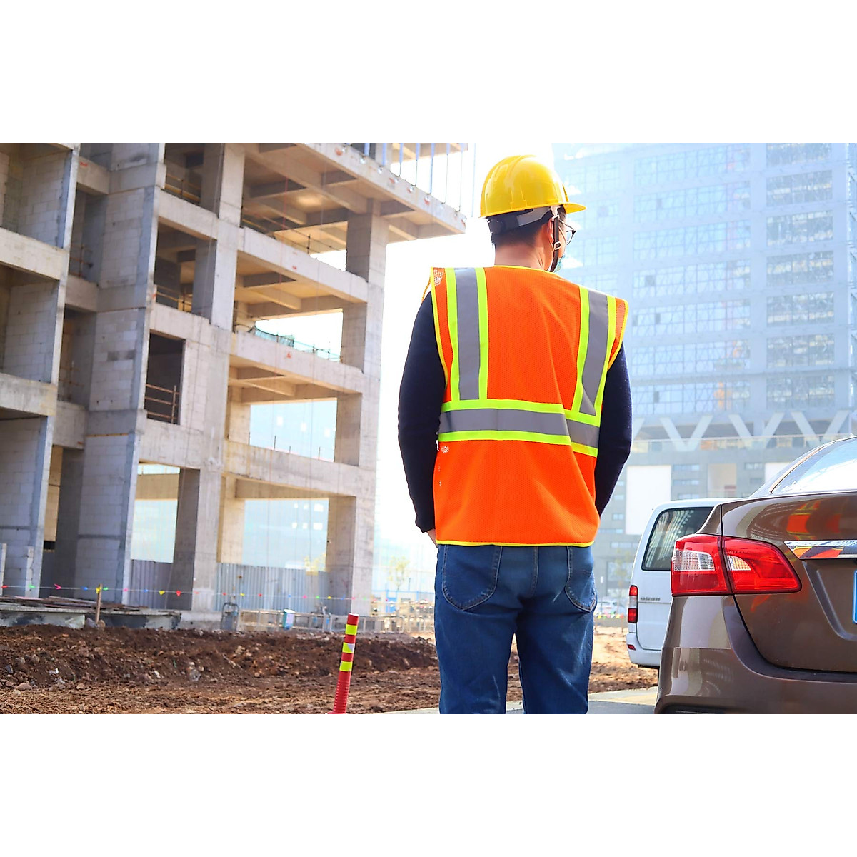 SULWZM High Visibility Reflective Safety Vest with Zipper and Pockets Orange,M