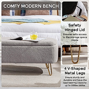 NIOIIKIT Storage Ottoman Bench, Comfy Faux Fur Upholstered Entryway Bench with Metal Legs, Bedroom Bench with Flip Top, Footrest Shoe Bench for Living Room, Bedroom (Grey)