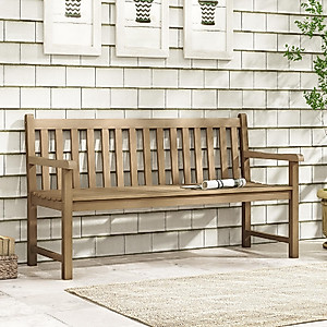 Tangkula 62" Outdoor Teak Wood Bench, 3-Person Garden Patio Bench with Backrest, Armrests and Slatted Seat, Porch Bench for Yard, Lawn, Deck and Entryway