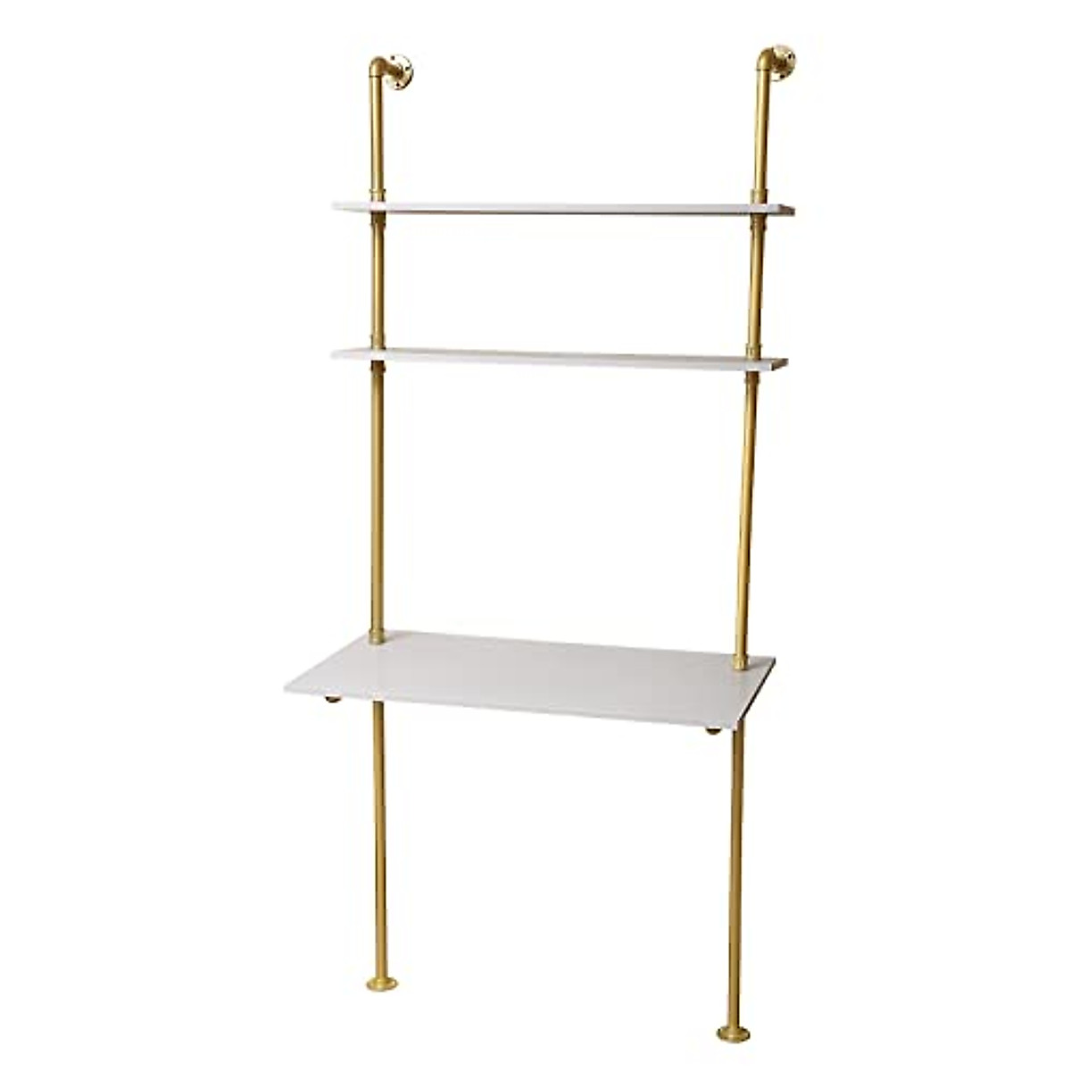 LOYALHEARTDY Wall Mount Ladder Desk Industrial Computer Desk with Shelves White and Gold Desk Writing Study Table Home Office Computer Table 3-Tier Wall Ladder Desk