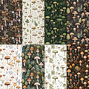 Whaline 8Pcs Mushroom Cotton Fabric Bundles Watercolor Mushroom Leaves Fat Quarters Woodland Forest Sewing Fabrics for DIY Handmade Crafting, 18 x 22 Inch