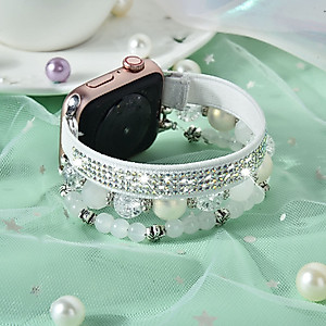 CAGOS Beaded Bracelet Compatible with Apple Watch Band 41mm 38mm 40mm Women, Bling Charm Elastic Scrunchie Dressy Strap for iWatch Bands Series 9/8/7/6/5/4/3/2/1/SE, Pure White