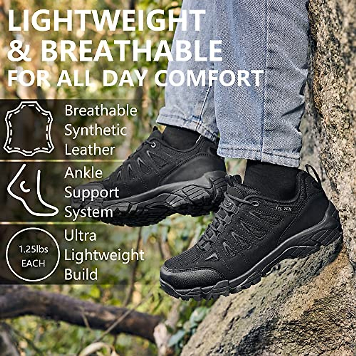 SHULOOK Men's Waterproof Hiking Shoes Lightweight Anti Slip Outdoor Ankle Boots Breathable Hike Trekking Trails Shoe All Black 11