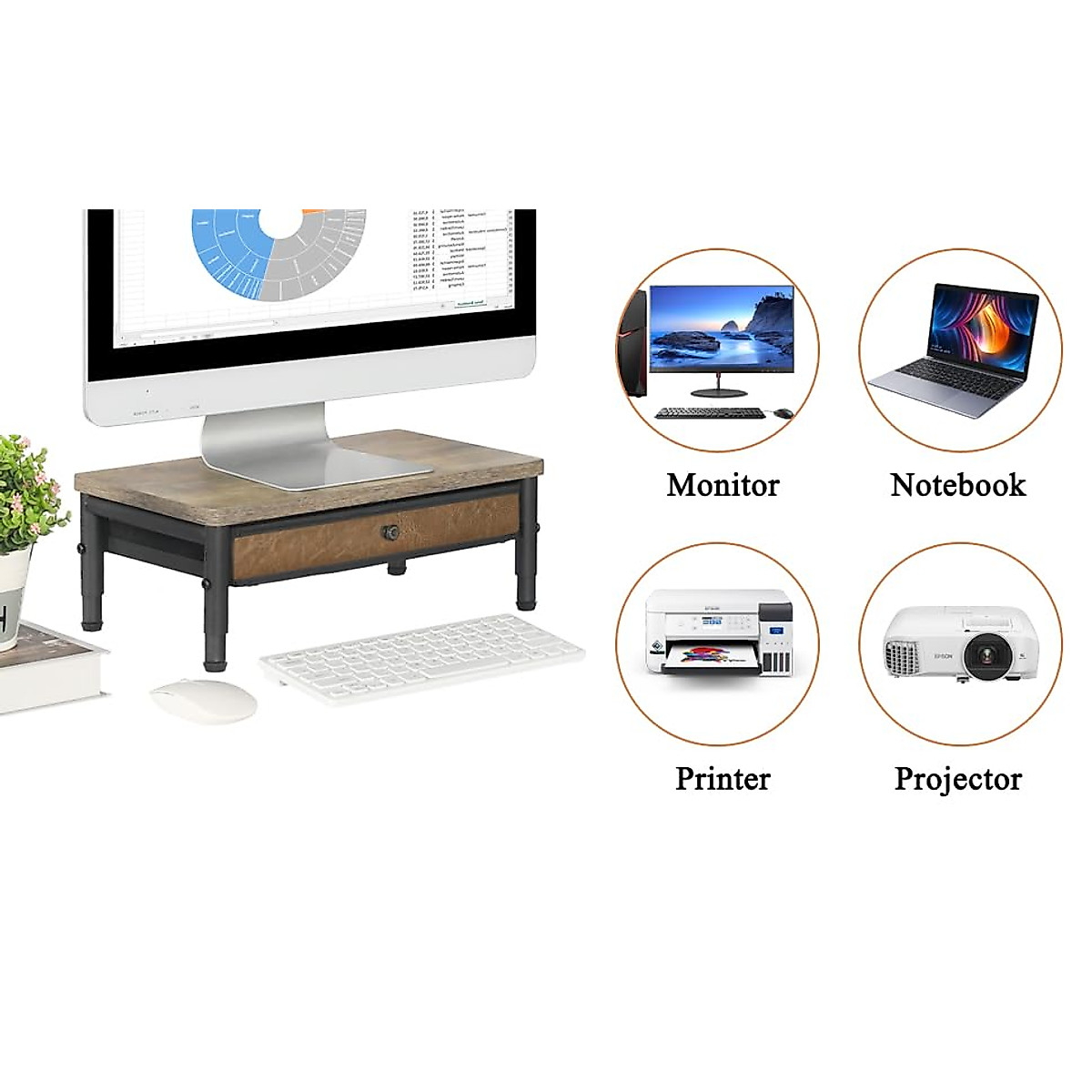 LUMAMU Wood Monitor Stand Riser with Drawer, 15.7x9.4 Inch Computer Monitor Stand for Desk, 3 Height Adjustable Desktop Stand with Storage for Computer Laptop PC iMac Printer