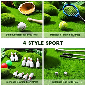 Skylety 23 Pieces Dollhouse Miniature Sports Set Mini Golf Baseball Tennis Bowling Tiny Golf Ball Clubs Ball Bats Racket Mini House Decoration Accessories for Dollhouse Collection Cake Topper Decor