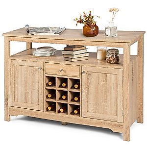 PETSITE Sideboard Buffet Cabinet with Storage, Wine Rack, Open Shelf, 2 Cabinets & Drawer, Wood Accent Coffee Bar Station Console Tables for Home Kitchen, Living Room, Entryway