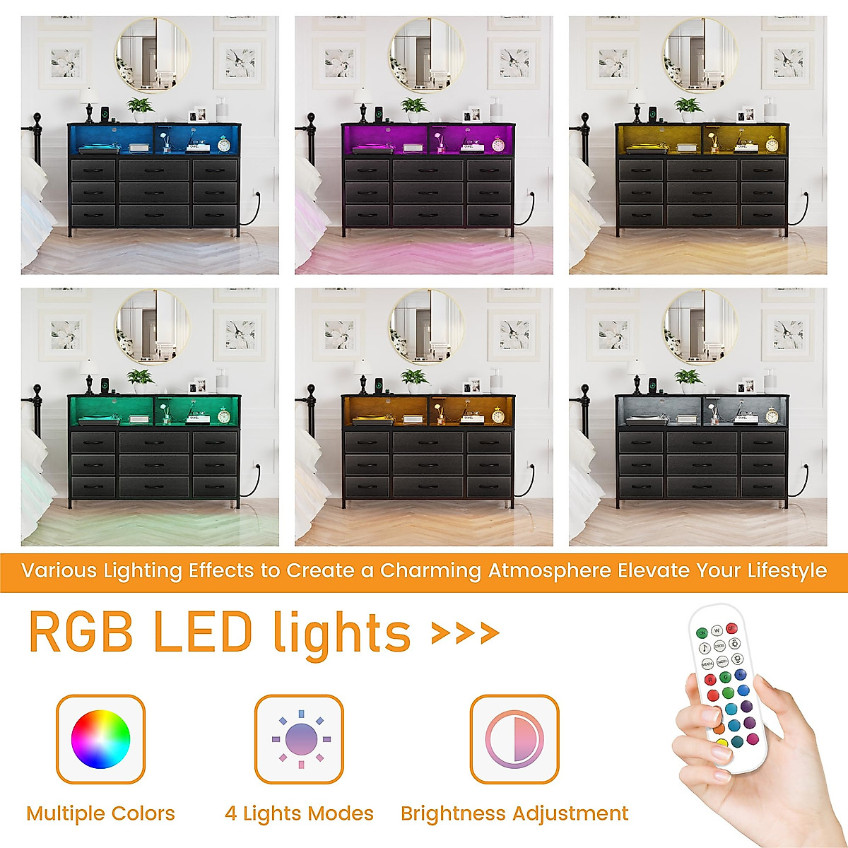 eiskah Black Dresser for Bedroom, 9 Drawers Led Dresser TV Stand with Power Outlets and LED Lights, Long Fabric Dressers Wide Chest of Drawers with Large Organizer for Living Room, Entryway, Hallway