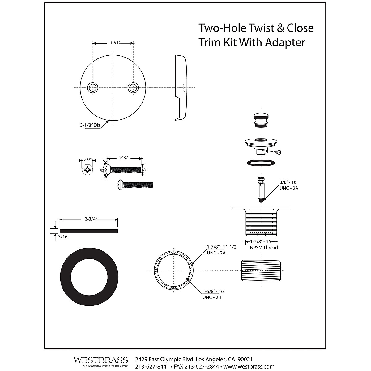 Westbrass A941K-01 1-3/8" Fine Thread Twist & Close Bathtub Drain Trim with One-Hole Overlfow Faceplate and Universal Adaptor, Polished Brass