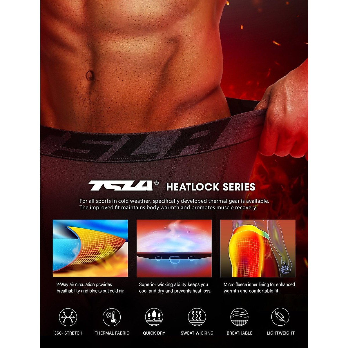 TSLA Men's Thermal Compression Pants, Athletic Sports Leggings & Running Tights, Wintergear Base Layer Bottoms, Heatlock Jet Black, Large