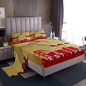 Erosebridal Boys Football Bed Sheets Set for Youth,Rugby Sheet Set Full American Football Lovers Sheets Ball Game Flat Fitted Sheet with 2 Pillow Shams,Red Yellow,(San Francisco)