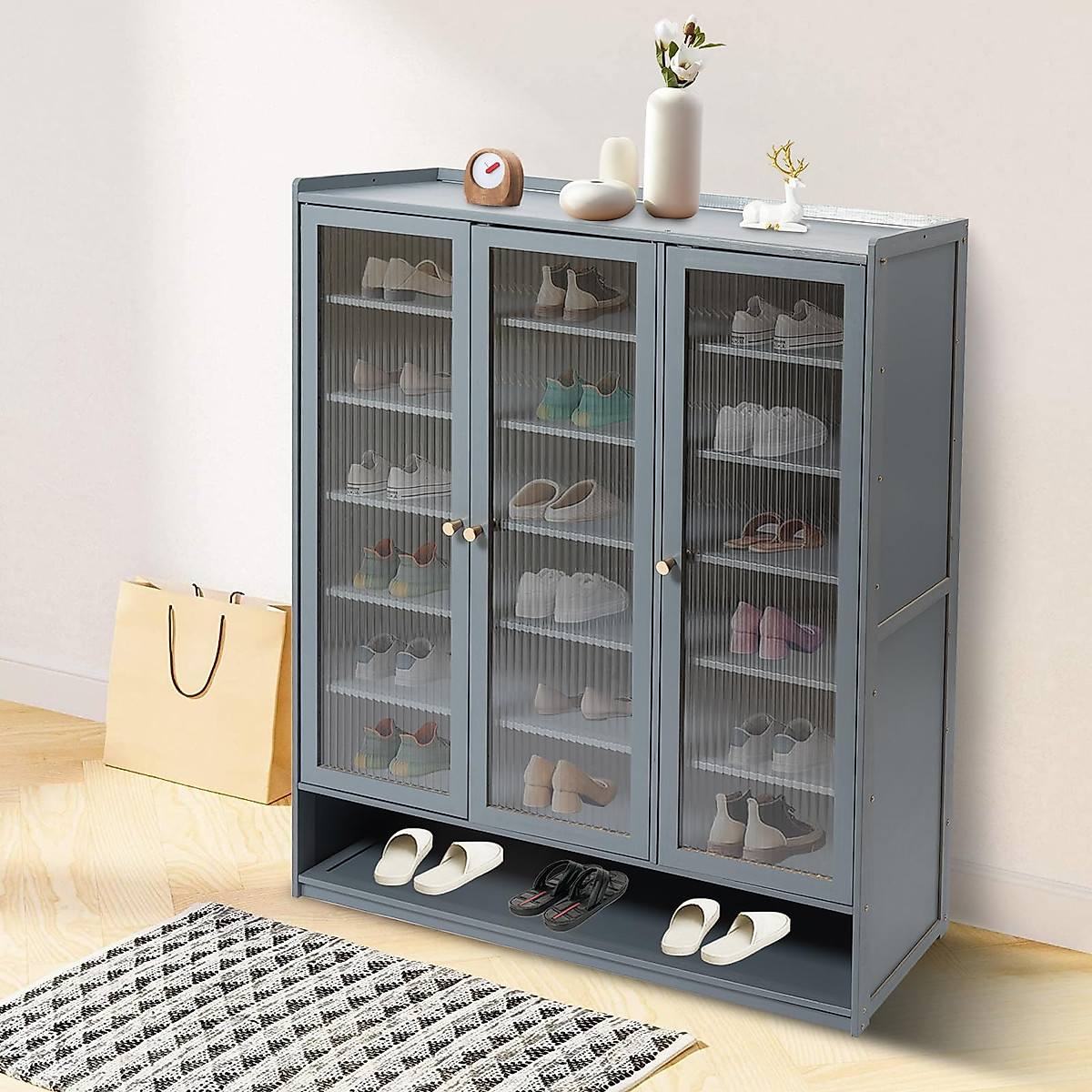 HaoYunNe 8 Tier Shoe Cabinet Entryway Shoe Rack Shelf with Doors Wooden Freestanding Shoe Organizer for Hallway Patio Living Room Bedroom Office,35.8x12.6x42.1 in, Loading 33 lbs per Layer