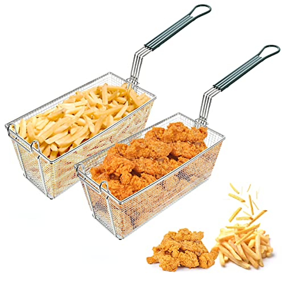 Delizon 2PCS Deep Fryer Basket with Front Hooks Non-Slip Handle, 13.2"x 6.5"x 5.9" Basket and 11.2" Long Handle Deep Fried Drain Basket for Floor Fryer, Easy Installation