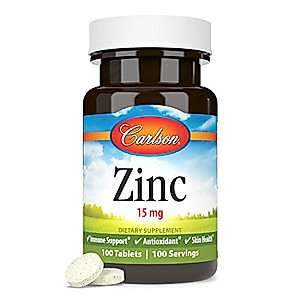 Carlson - Zinc, 15 mg, Zinc Supplement, Zinc Gluconate, Immune Support & Skin Health, Zinc Tablets, Antioxidant, Zinc Capsules, 100 Tablets