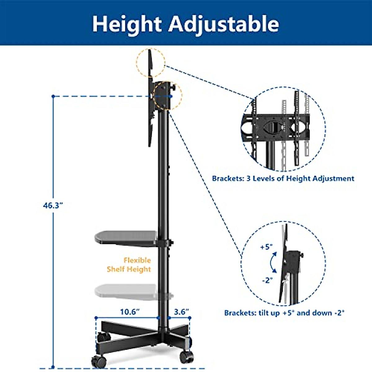 Mobile TV Cart for 23-60 Inch LCD LED Flat Panel Curved Screen TVs up to 88 lbs, Height Adjustable Shelf Rolling Floor Stand with Wheels as a Movable Portable TV Stand, Max VESA 400x400mm