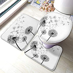 HOSNYE Dandelion Bathroom Rugs and Mats Sets 3 Piece Black and White Bath Mat U-Shaped Contour Shower Mat Non Slip Toilet Lid Cover