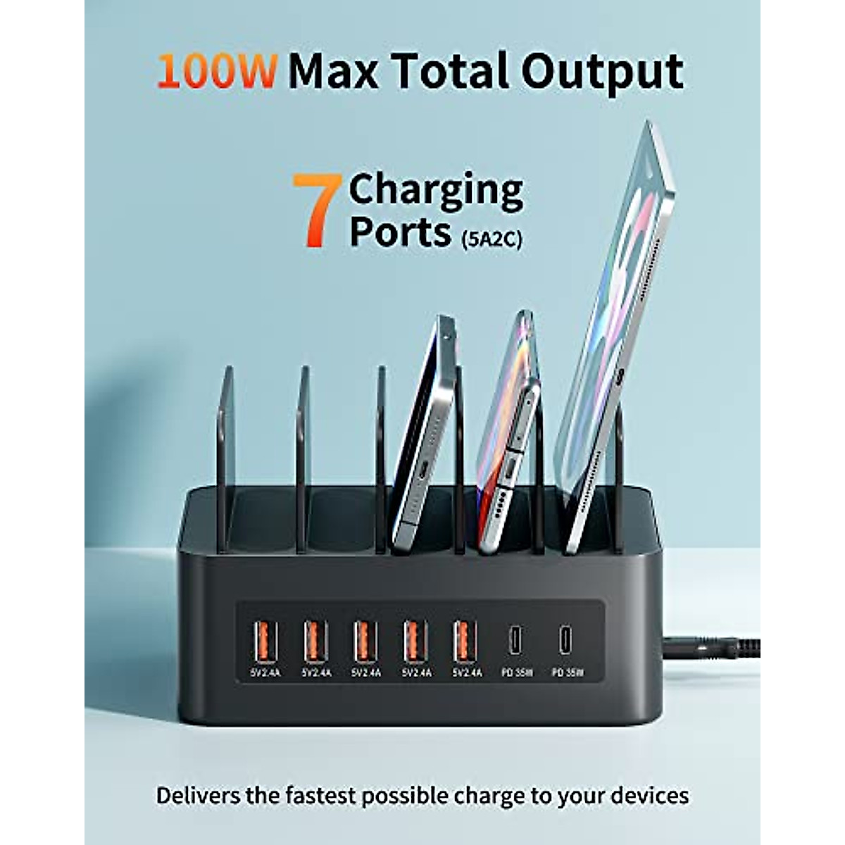 100W USB C Charging Station for Multiple Devices, Nexwell 7-Ports Smart USB Charging Docking Organizer Compatible with MacBook Air, iPhone, iPads, Samsung, Android Phone and Tablets (Cables Included)