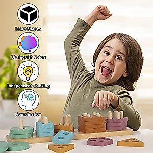 Montessori Toys for 1 Year Old Baby Boy Girl, Wooden Blocks & Stacking Toys for Toddler, Color Recognition Shape Sorter Educational Wooden Toys for Kids 1 2 3 4 year old Preschool Learning Puzzle Gift