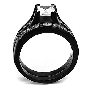 Marimor Jewelry 2.10 Carat Princess Cut Zirconia Black Stainless Steel Wedding Ring Set Womens Size 6