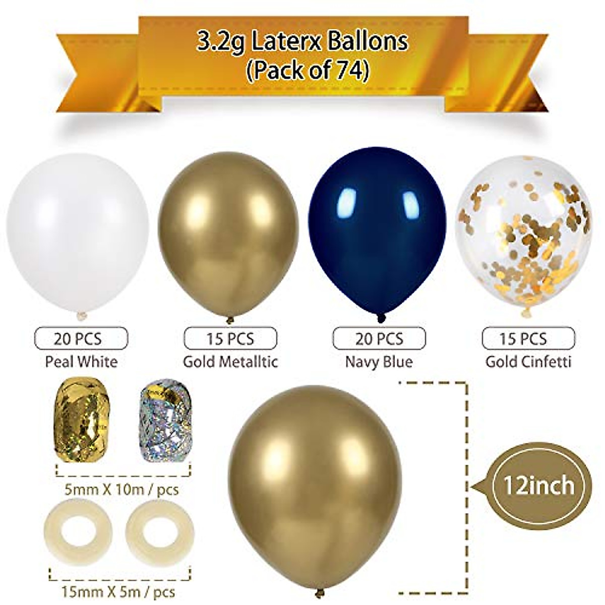 Navy Blue and Gold Confetti Balloons Party Decoration Supplies 70pcs 12 inch Gold Metallic Pearl White Balloons for Navy Party, Baby Shower, Wedding, Graduation, Birthday, with 2 Strips, 2 Foil Ribbon