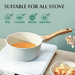 SENSARTE White Ceramic Nonstick Saucepan with Lid 1.5 Quarts, Small Cooking Pot with Stay Cool Handle, Induction Compatible Saucepot, White Granite Coating, PFOA/PFAS Free