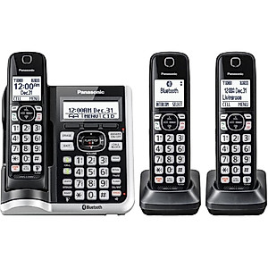 Panasonic Link2Cell Bluetooth Cordless Phone System with Voice Assistant, Call Blocking and Answering Machine. DECT 6.0 Expandable Cordless System - 3 Handsets - KX-TGF573S (Black/Silver Trim)