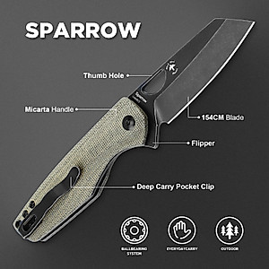 Kizer Sparrow Pocket Knife, 2.99 Inches 154CM Blade Green Micarta Handle EDC Folding Camping Knife, Small Hunting Survival Knife for Man Women, EDC Gentleman Knife, V3628C2