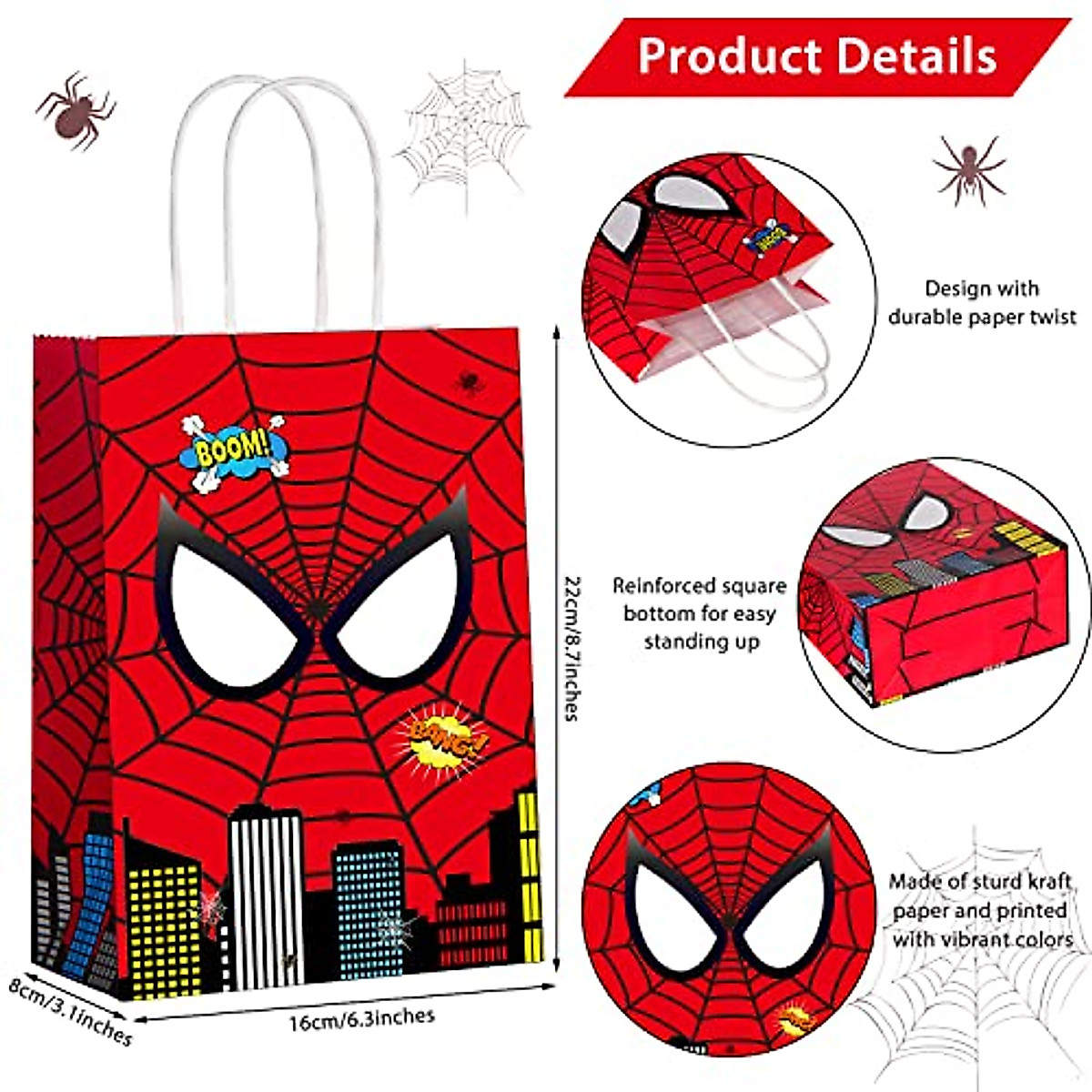 20Pcs Hero Party Treat Bags with Handles,Large Thick Kraft Double Sided Spider Web Printed Durable Gift Goodie Treat Candy Bags for Kids Boys Hero Theme Spider Birthday Party Supplies and Decorations